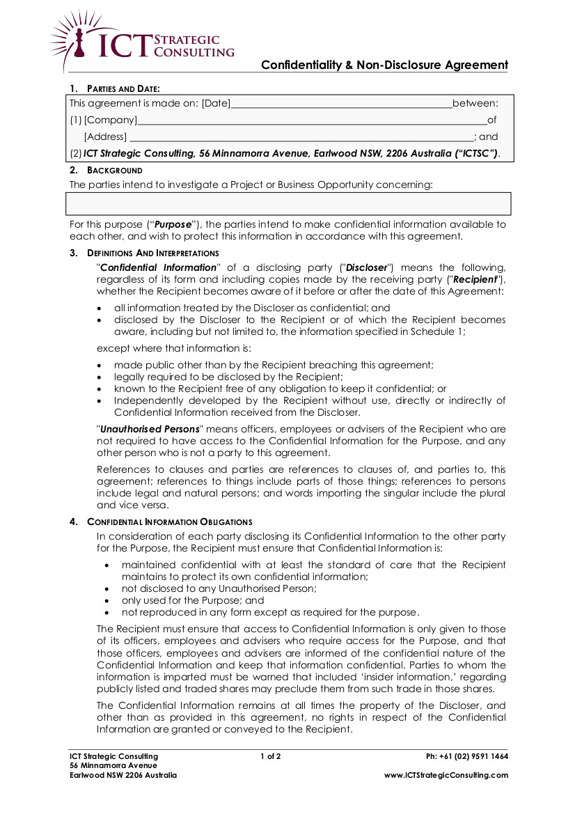 Non-Disclosure Agreement - General Purpose - ICT Strategic Consulting